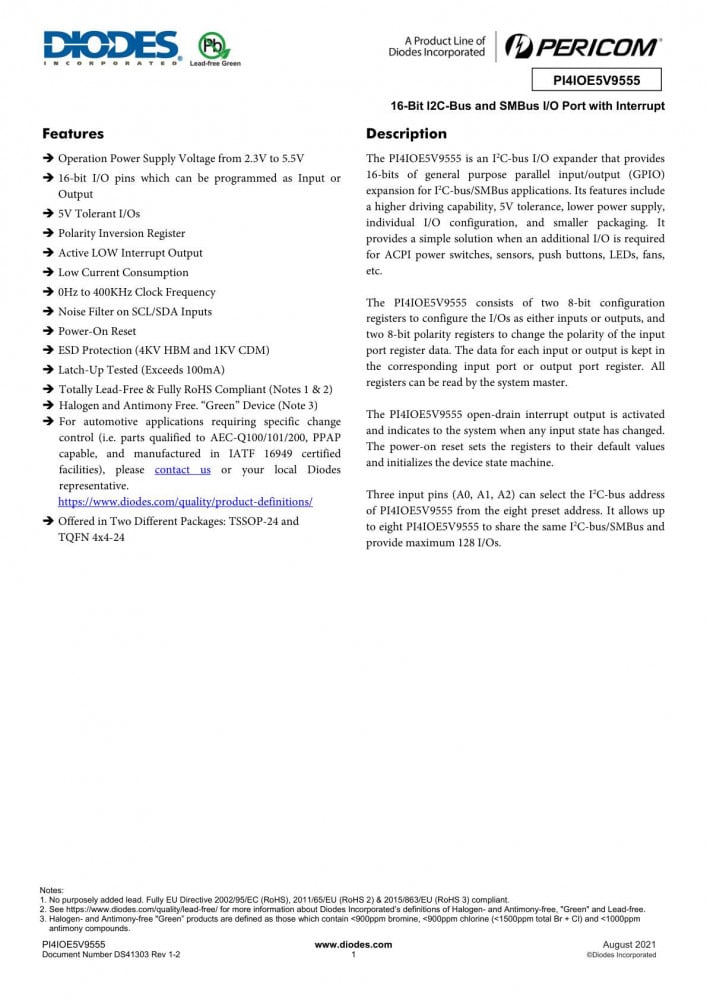 PI4IOE5V9555 datasheet page 1