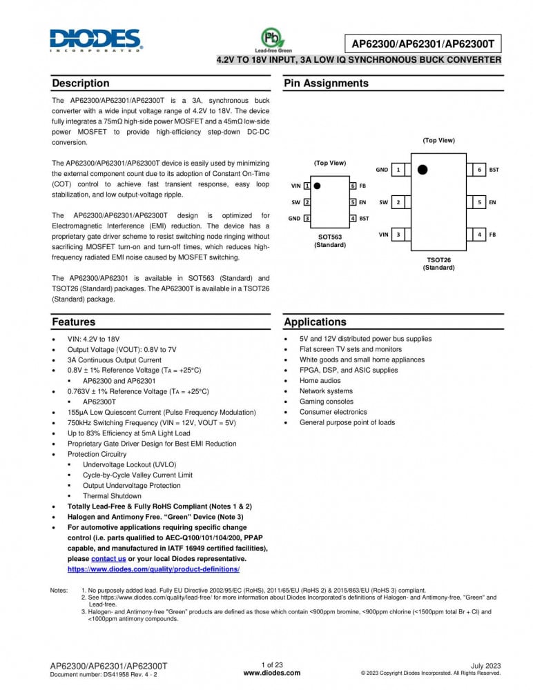 AP62300TWU-7 datasheet page 1