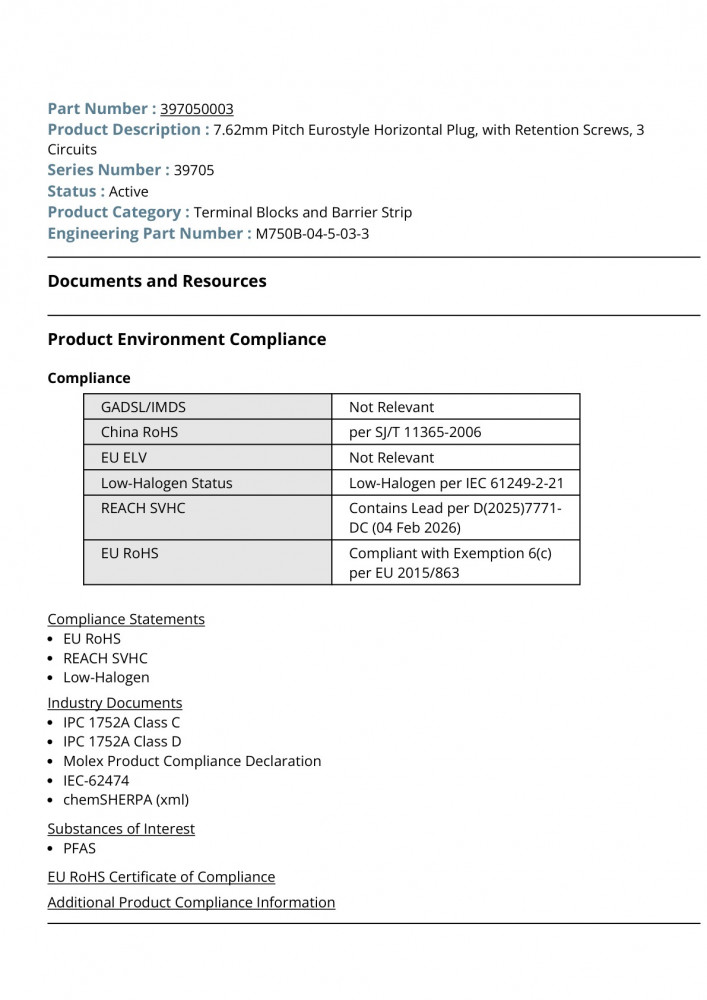 Product document image 1 for MOLEX 397050003