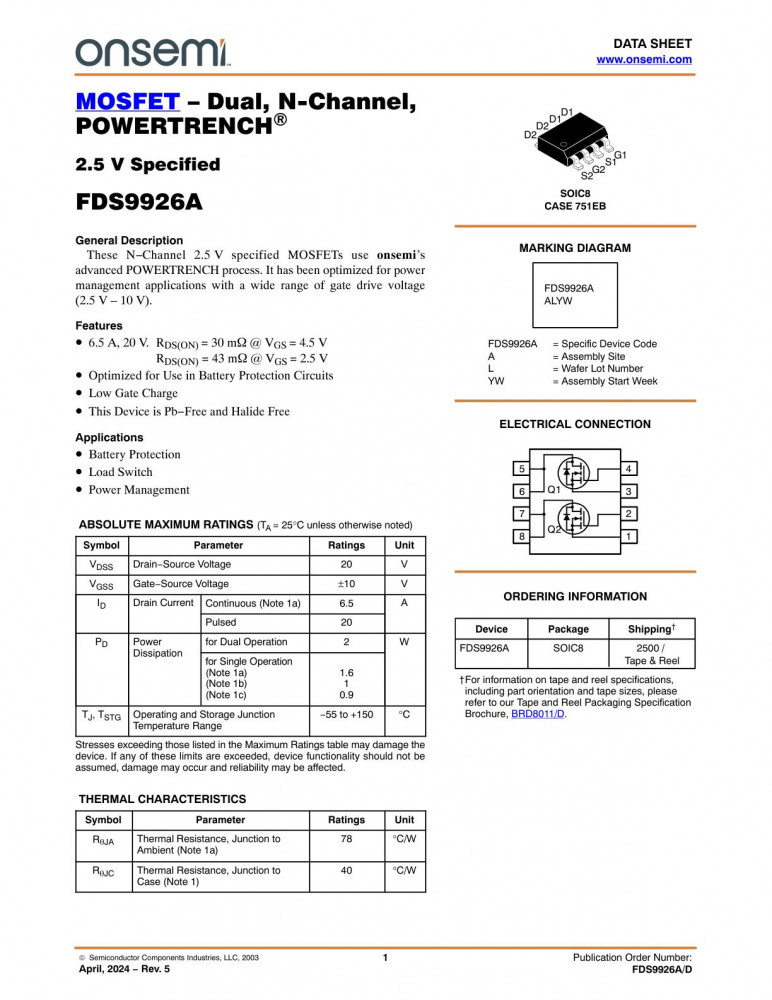 FDS9926A datasheet page 1