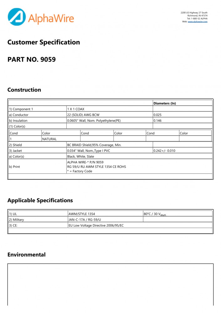 Alpha Wire 9059 SL005 specification page 1