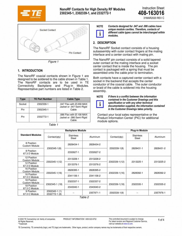 TE Connectivity NanoRF assembly instruction page 1