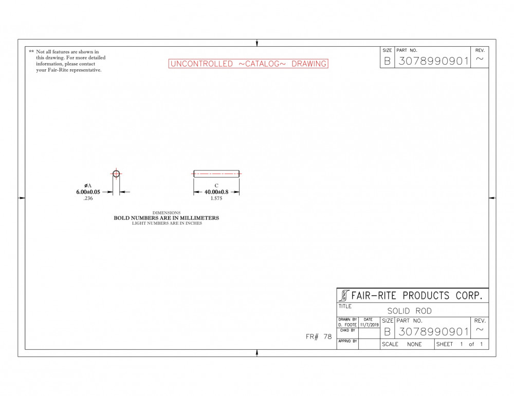 Fair-Rite 3078990901 solid rod drawing