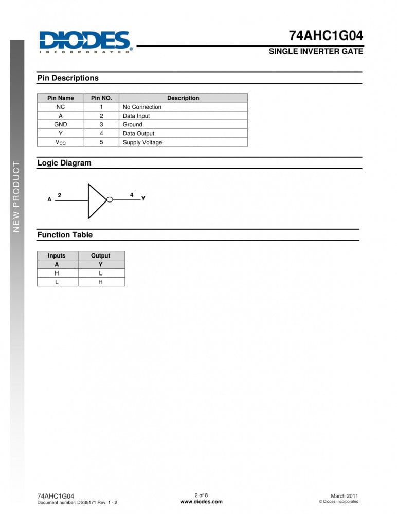 74AHC1G04W5-7 datasheet page 2