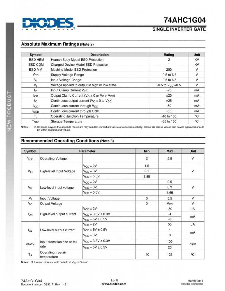 74AHC1G04W5-7 datasheet page 3
