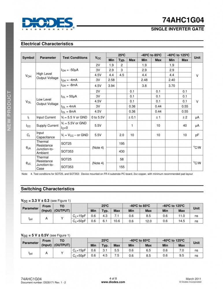 74AHC1G04W5-7 datasheet page 4