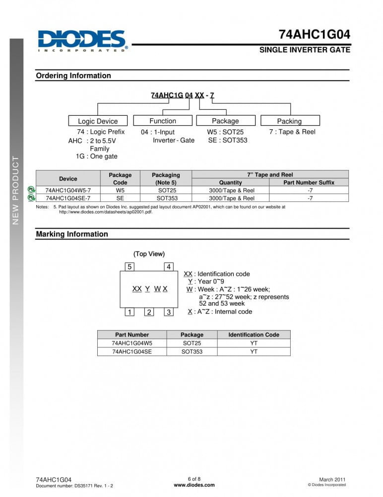 74AHC1G04W5-7 datasheet page 6