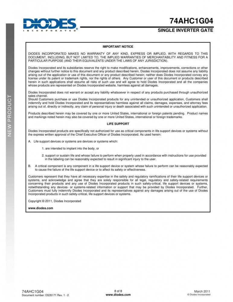 74AHC1G04W5-7 datasheet page 8