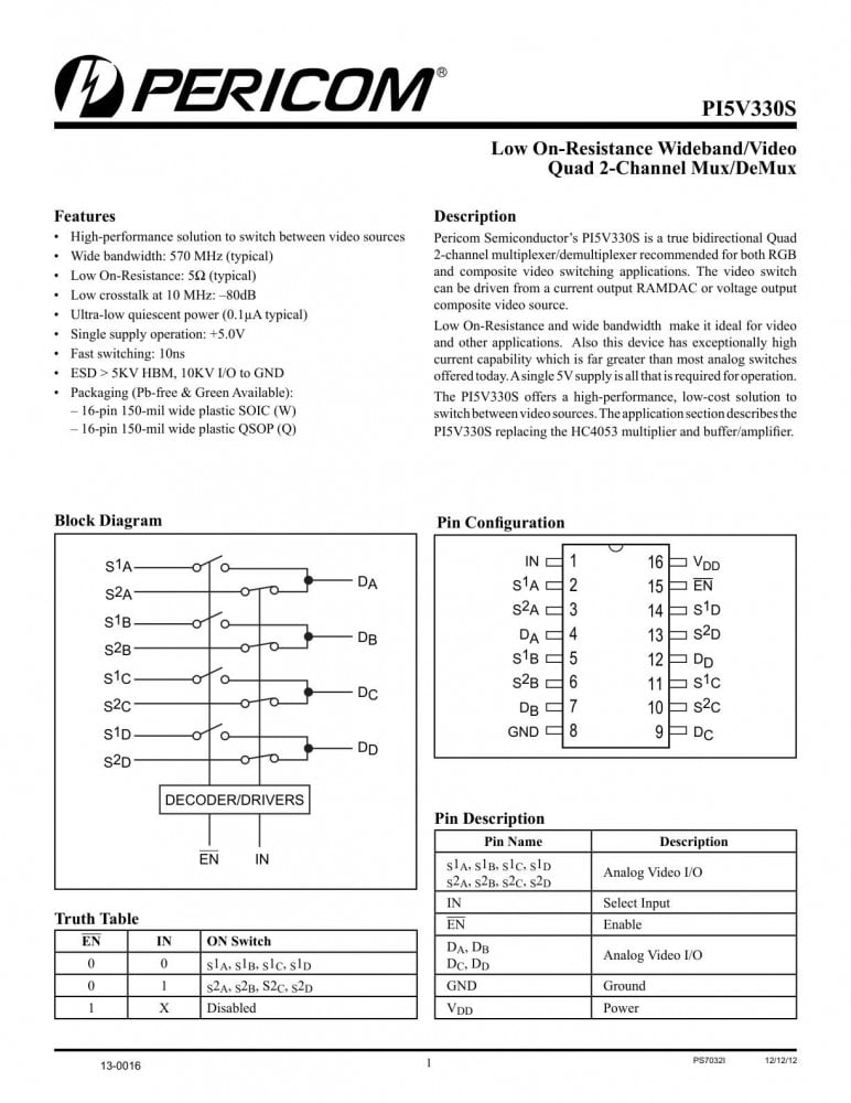 PI5V330SWE datasheet page 1
