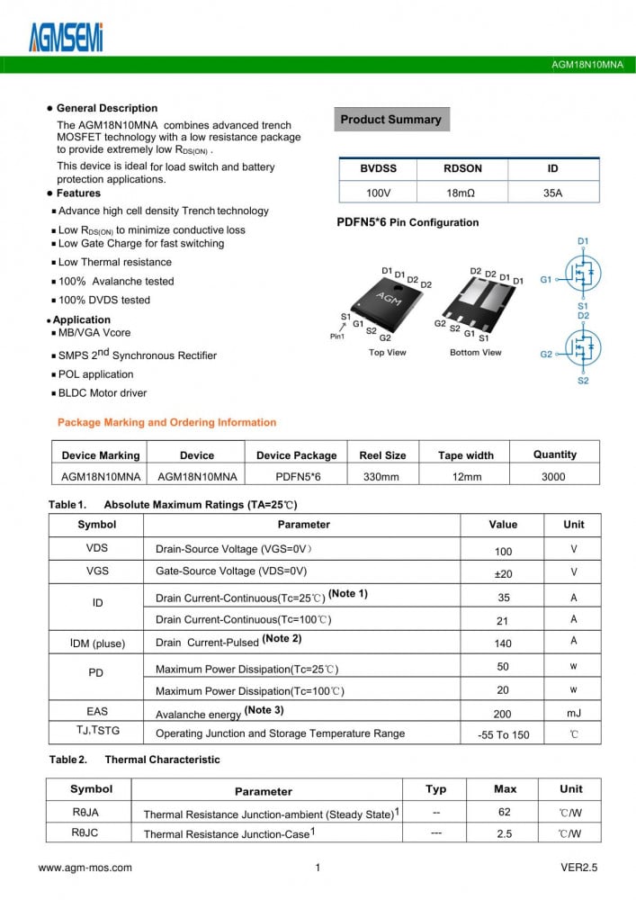 AGM18N10MNA datasheet page 1