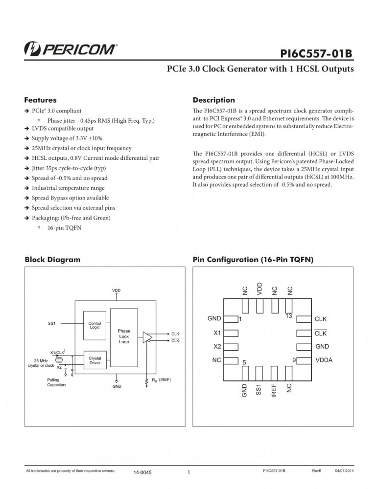 PI6C557-01BZHIEX datasheet page 1