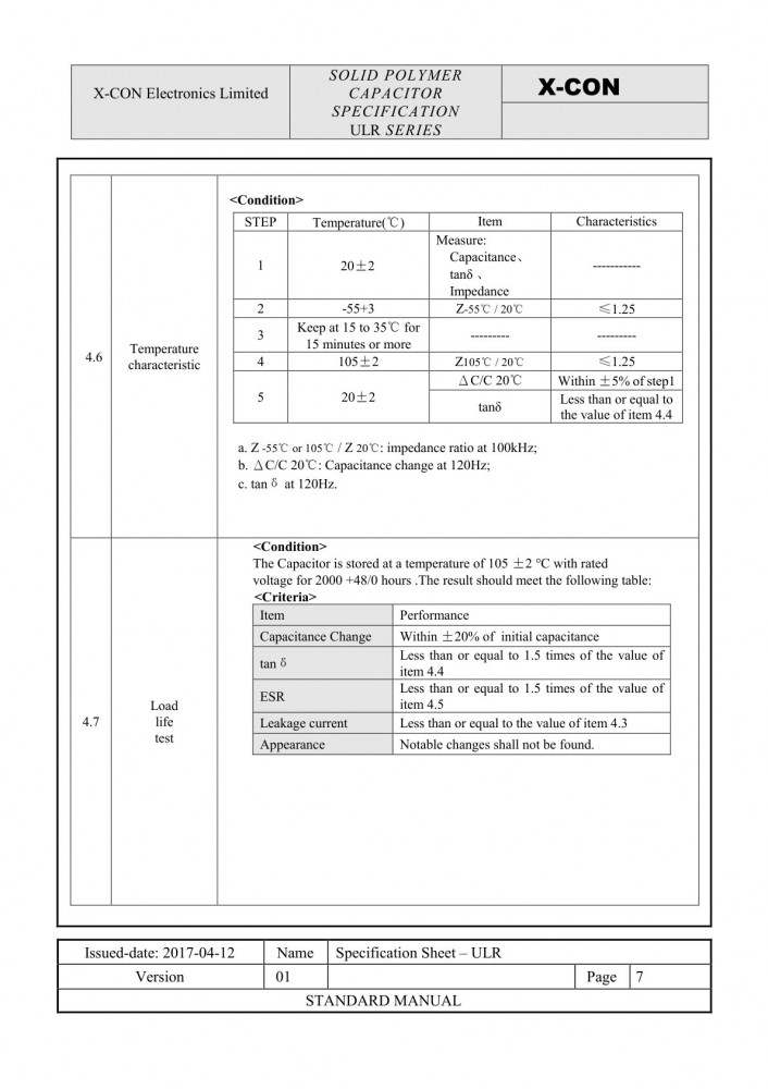 ULR series specification, page 8