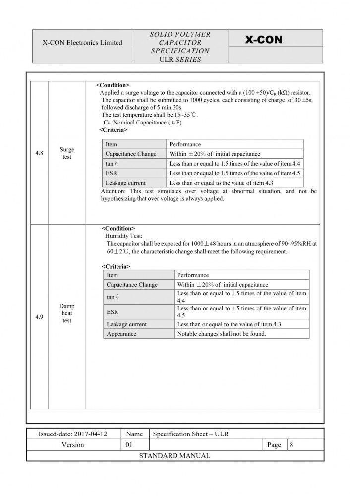 ULR series specification, page 9