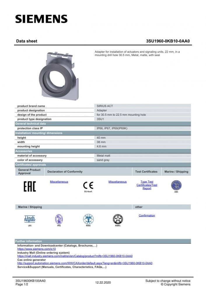 SIEMENS 3SU19600KB100AA0 product documentation page 1