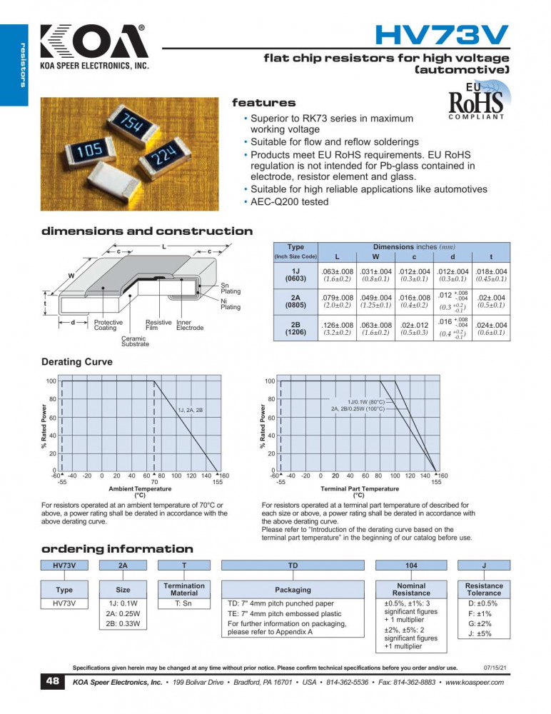 KOA HV73V high-voltage automotive chip resistor datasheet page 1