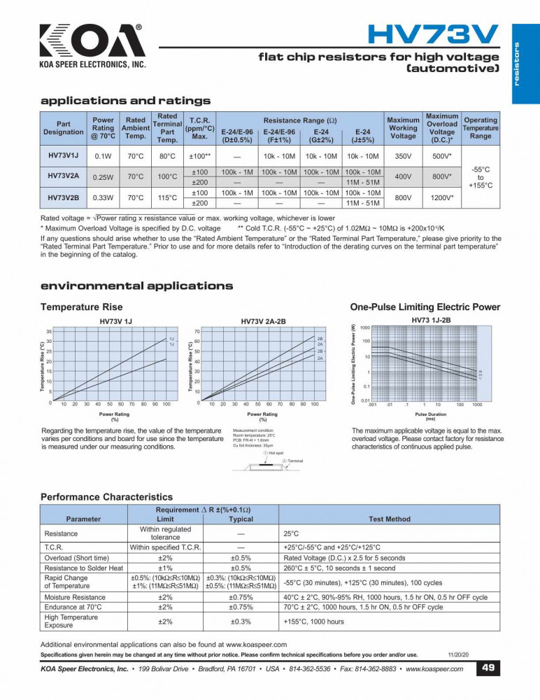 KOA HV73V high-voltage automotive chip resistor datasheet page 2