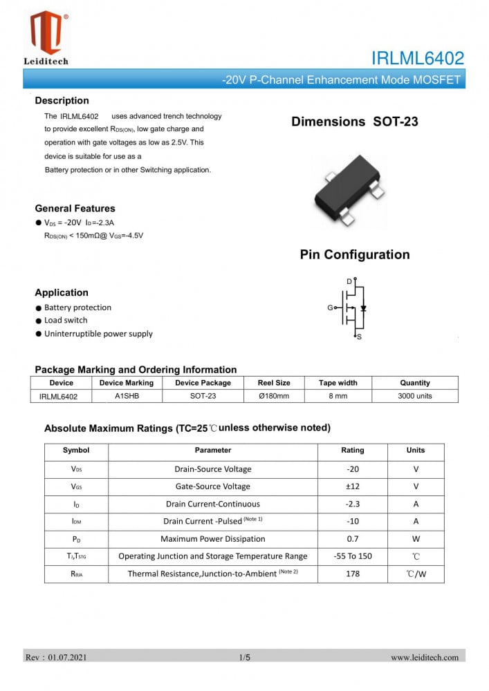 IRLML6402 datasheet page 1