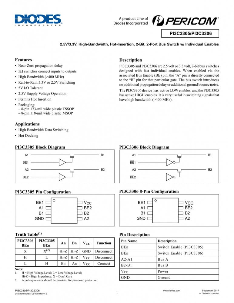 PI3C3305LEX datasheet page 1