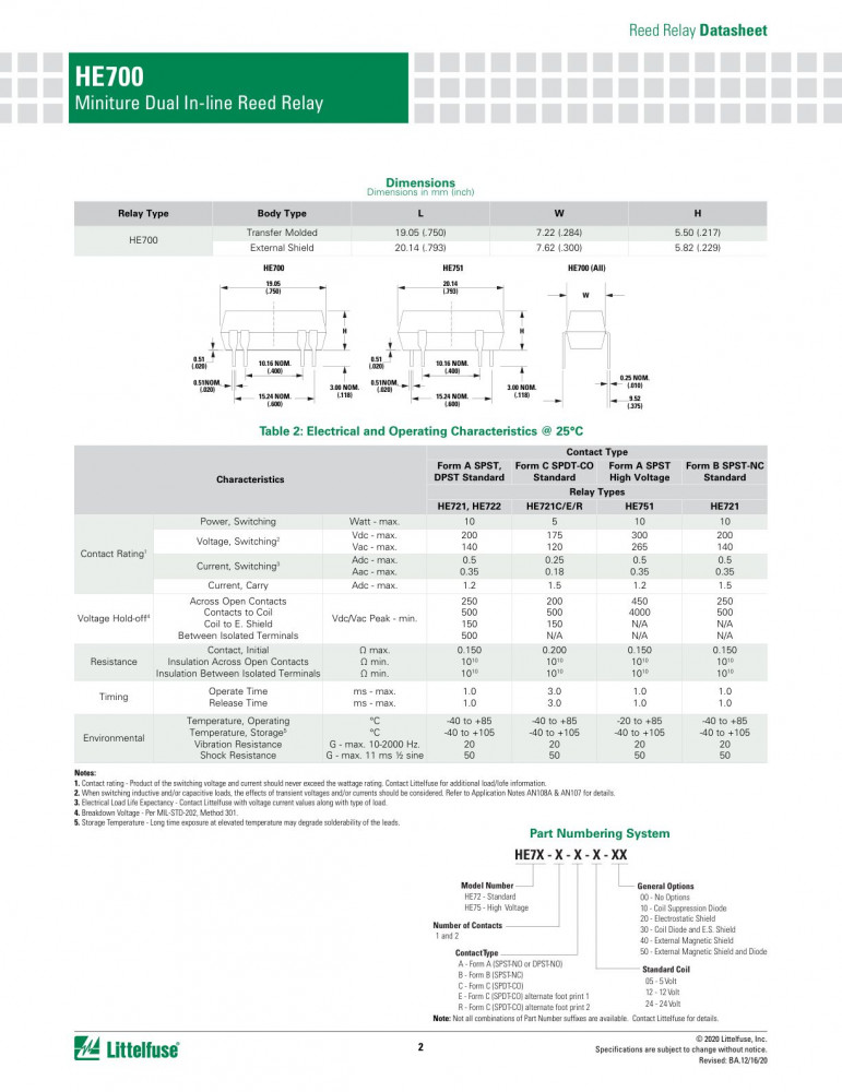 HE700 reed relay datasheet page 2
