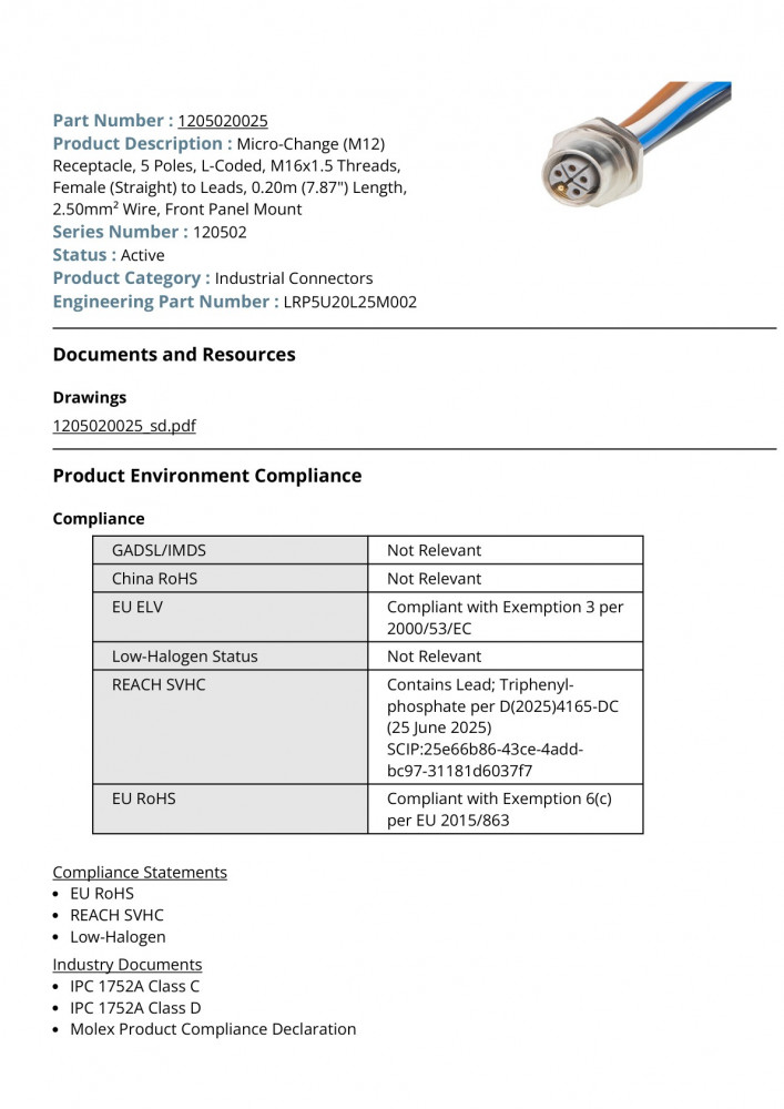 MOLEX 1205020025 technical document page 1