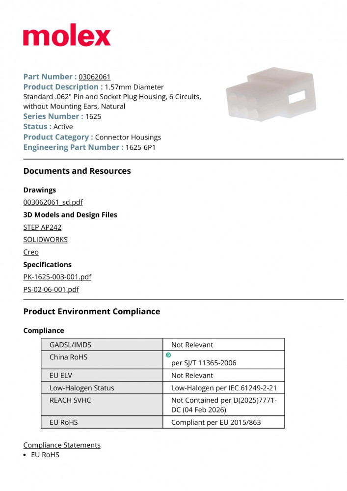 MOLEX .062 miniature pin terminal product specification, page 1