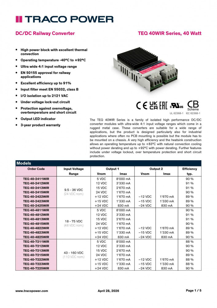 TEQ 40WIR technical document page 1