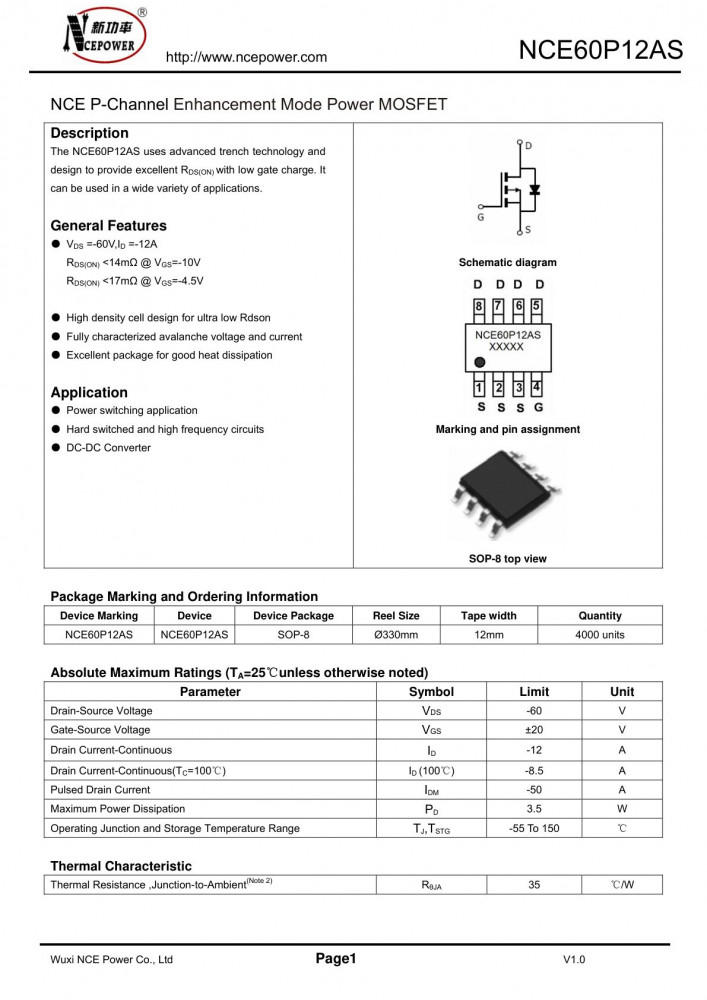 NCE60P12AS datasheet page 1