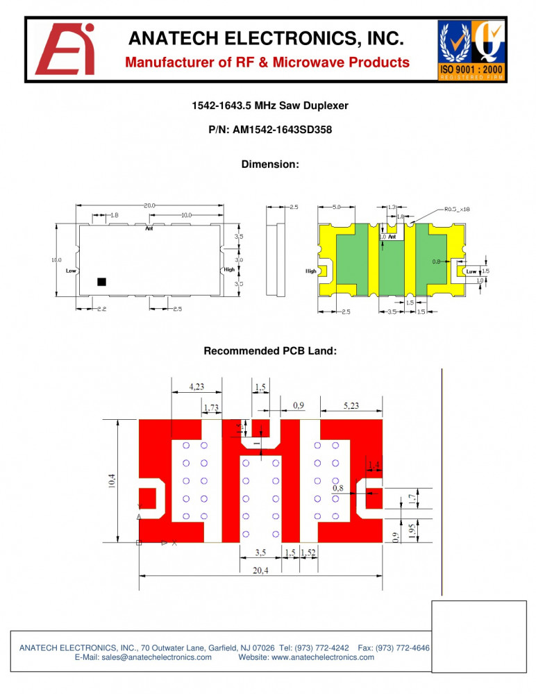 AM1542-1643SD358 dimensions and recommended PCB land
