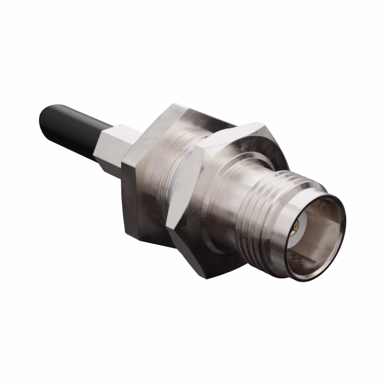 TNC Jack, Straight, Bulkhead, Crimp, RG-141, RG-303 and RG-58 Cable, Brass Body, Nickel (Ni) Plated, One Piece Per Bag, 50 Ohms for sale