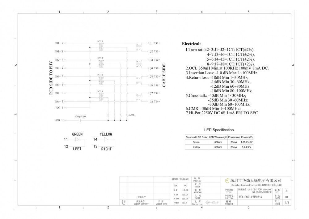 HC612601A-M893-A electrical and LED data