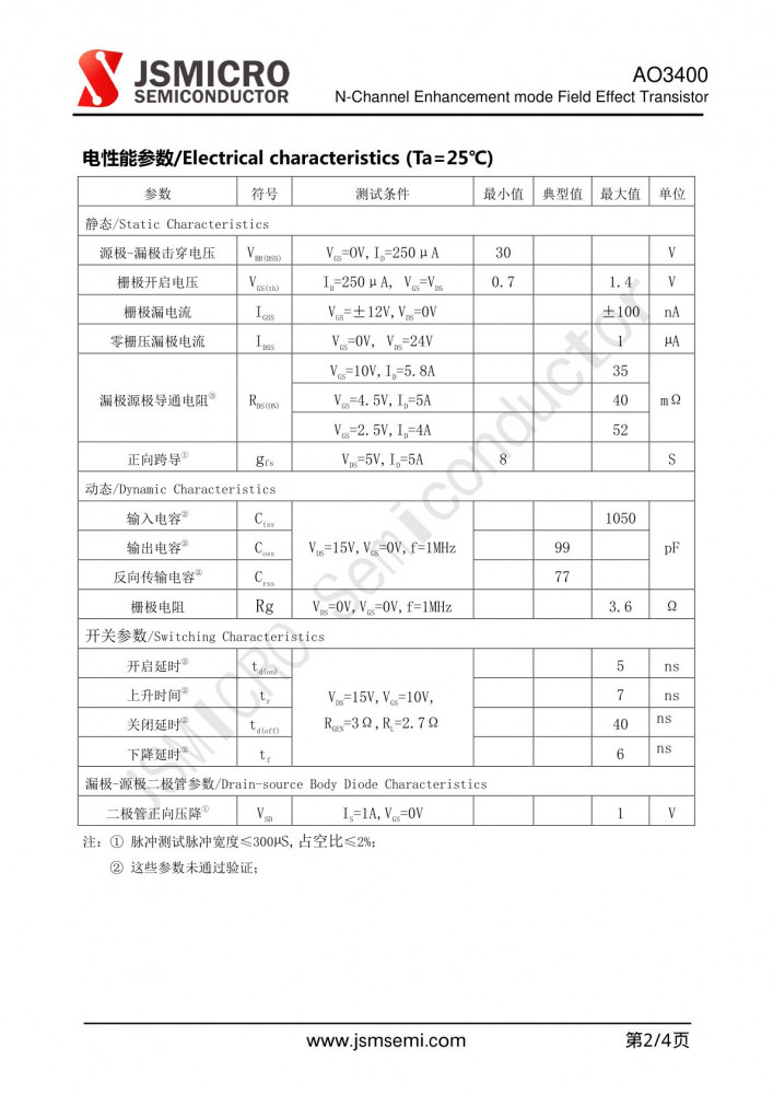 JSMSEMI AO3400 datasheet page 2
