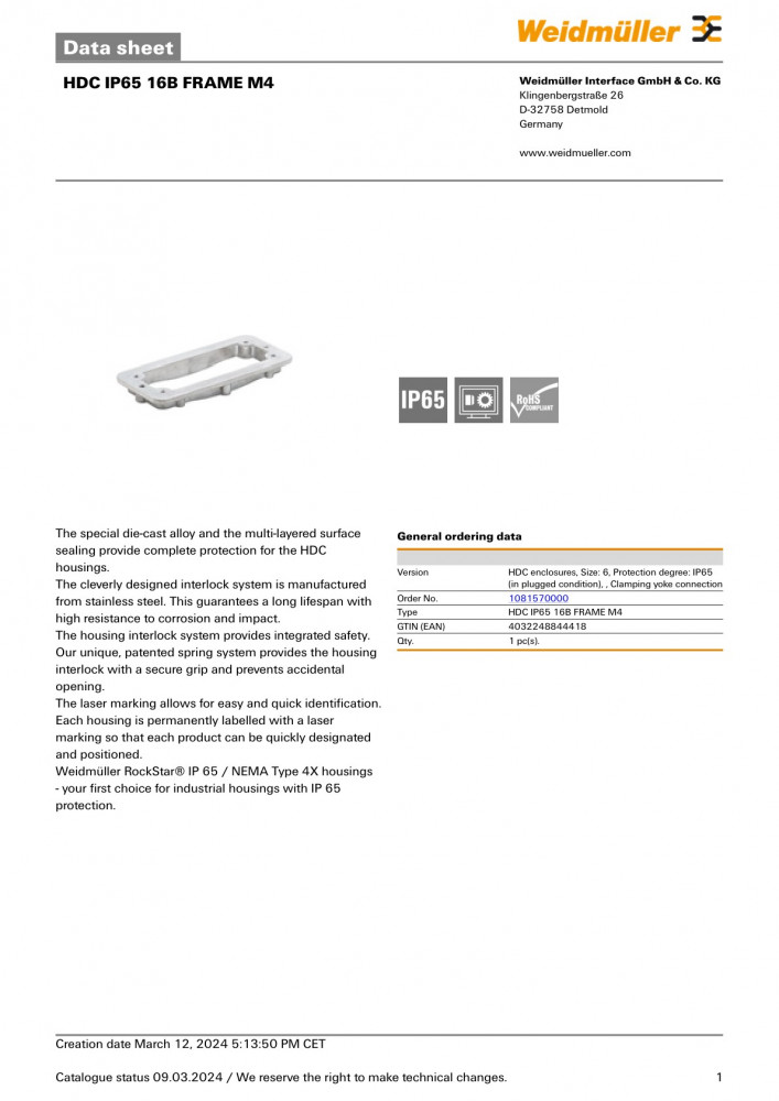 HDC IP65 16B FRAME M4 document image 1