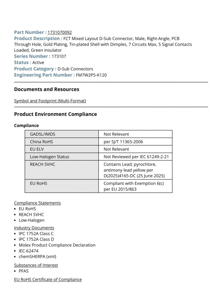 MOLEX 1731070092 technical document page 1