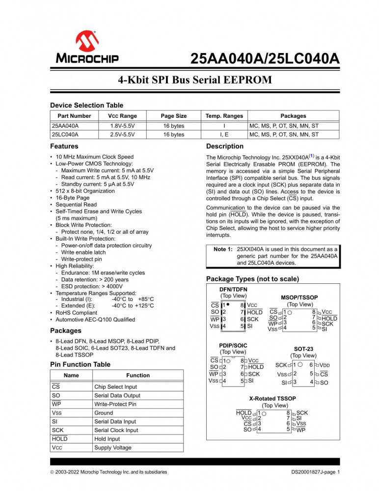 25AA040A datasheet page 1