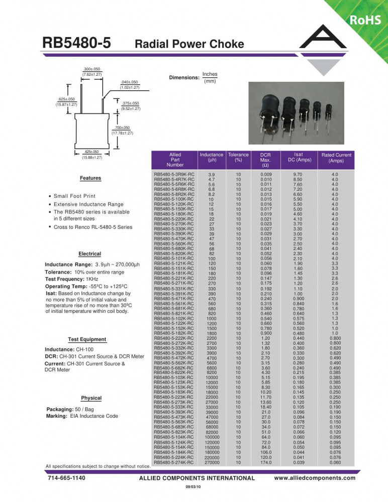 RB5480 series datasheet page showing product information and dimensional drawing