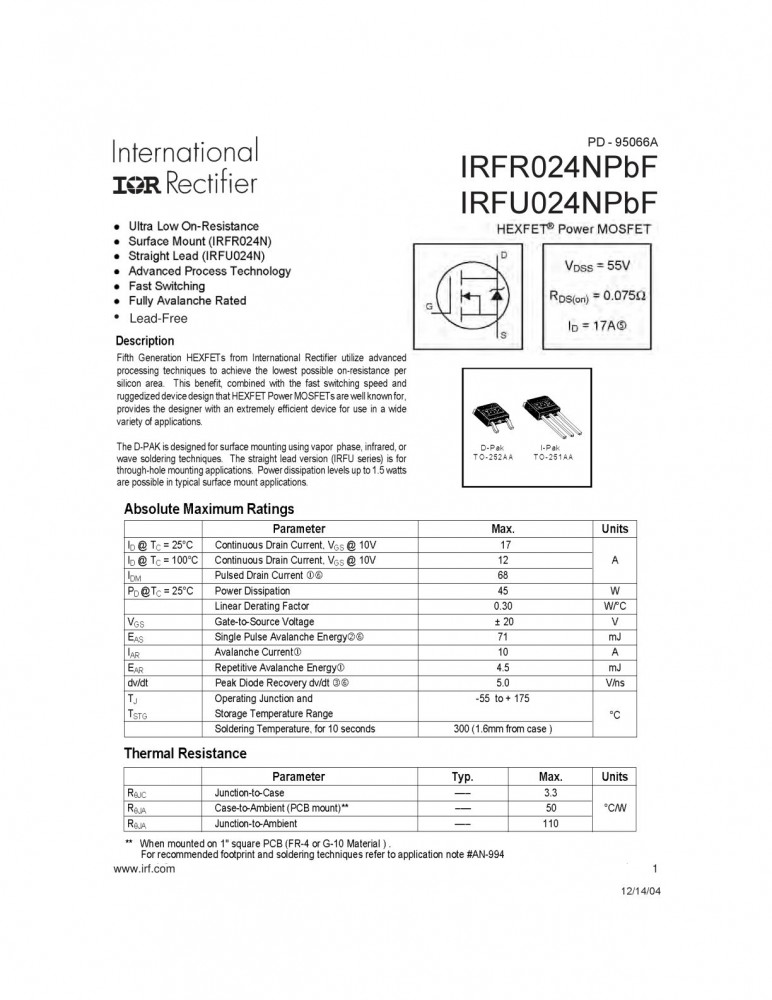 IRFR024NTRPBF datasheet page 1