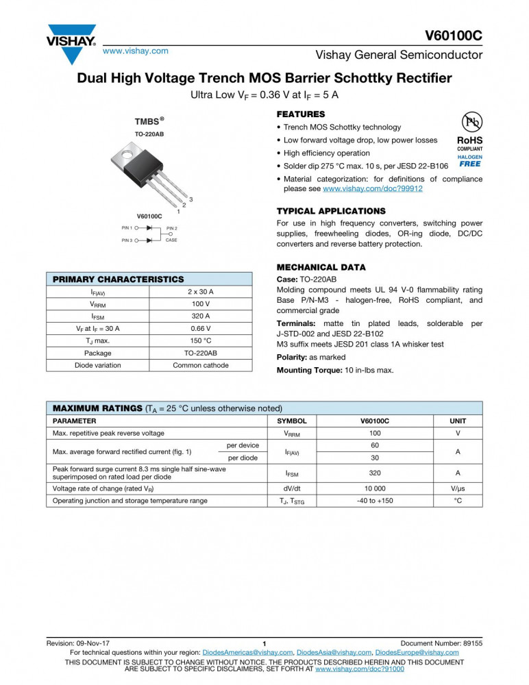 V60100C-M3/4W datasheet page 1
