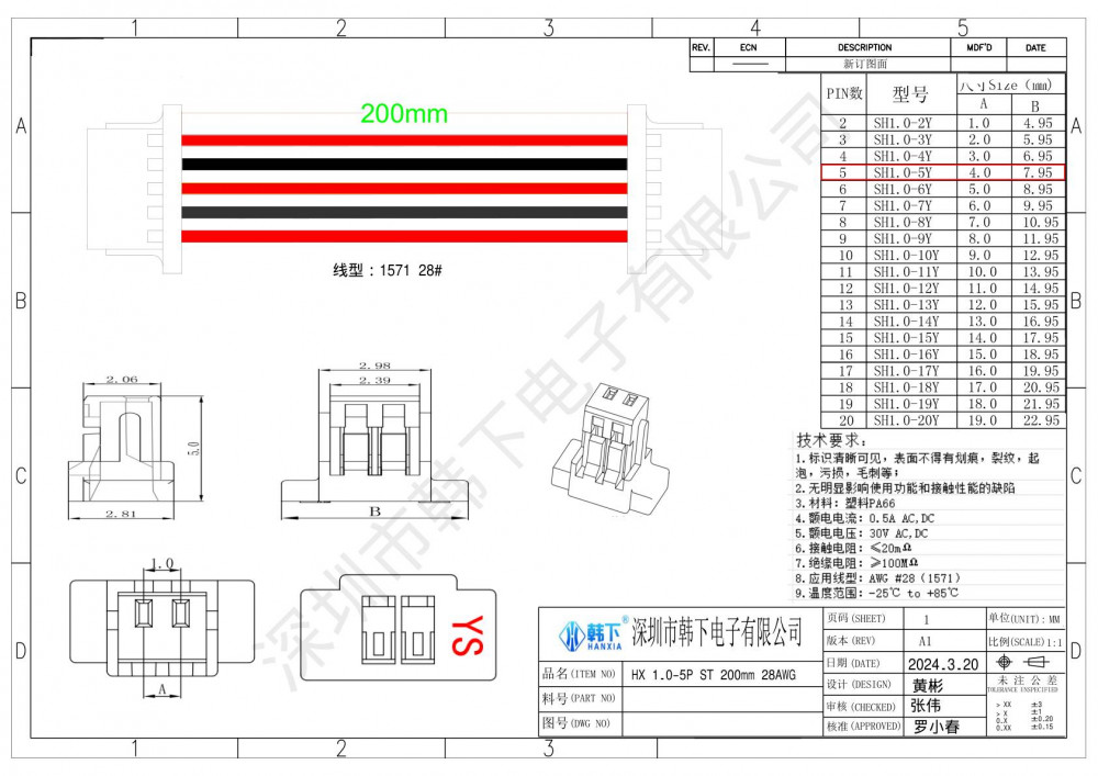 HANXIA 1.0 mm connector family drawing preview