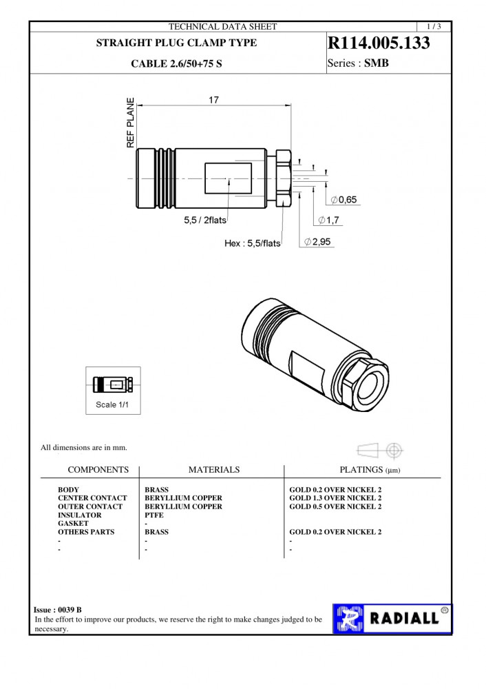 Radiall R114.005.133 technical data sheet page 1