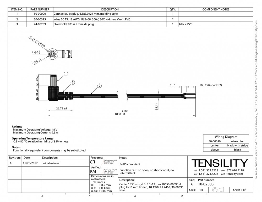 10-02505 product drawing, right-angle DC plug cable assembly