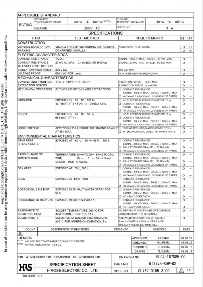 HRS GT17VB-8DP-DS specification sheet