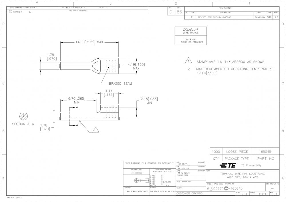 TE Connectivity 165045 technical drawing reference