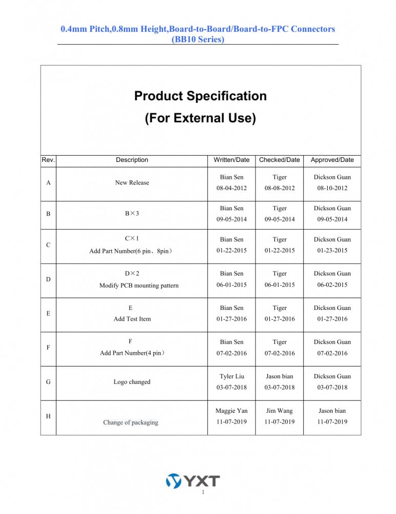 YXT BB10 series datasheet page 1