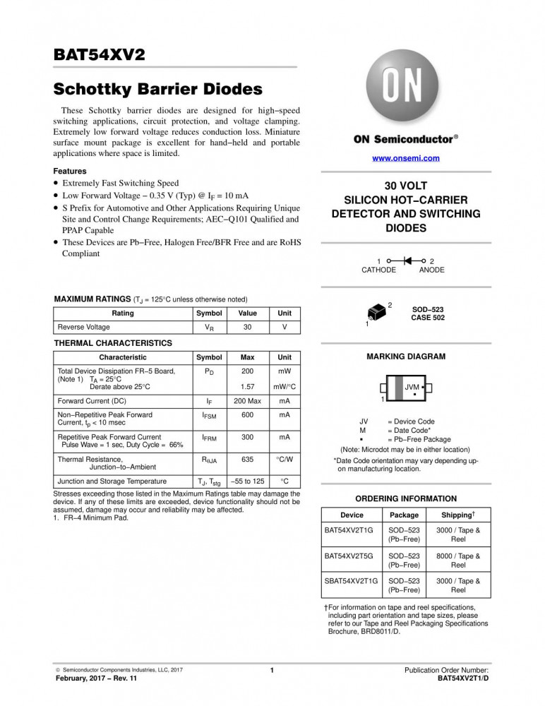 BAT54XV2T5G datasheet page 1