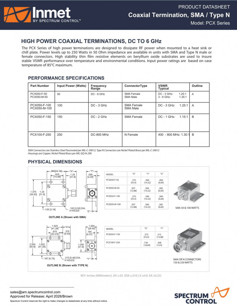 PCX Series coaxial termination product documentation and mechanical drawing