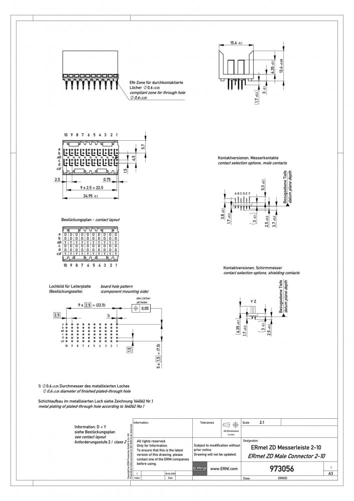 ERNI 973056 PCB layout and contact selection drawing