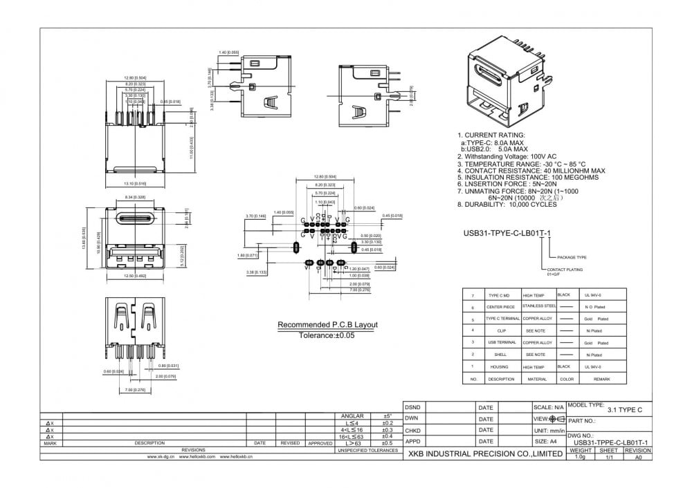 USB31-TPYE-C-LB01T-1 technical drawing page 1