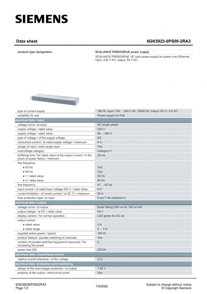 SIEMENS 6GK59230PS002RA3 datasheet page 1