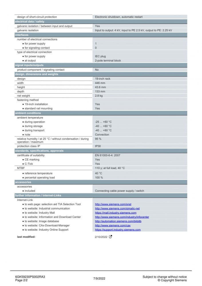 SIEMENS 6GK59230PS002RA3 datasheet page 2