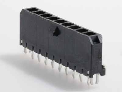Micro-Fit 3.0 Vertical Header, 3.00mm Pitch, Single Row, 9 Circuits, with PCB Press-fit Metal Retention Clip, 0.76µm Gold Plating, Glow-Wire Capable, Black, Tape and Reel for sale